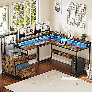 YITAHOME L Shaped Desk with Power Outlets & LED Lights, Reversible Computer Desk with Drawers & Hutch, Corner Desk Office Desk with Monitor Stand, Printer Stand, 2 Person Desk, Rustic Brown