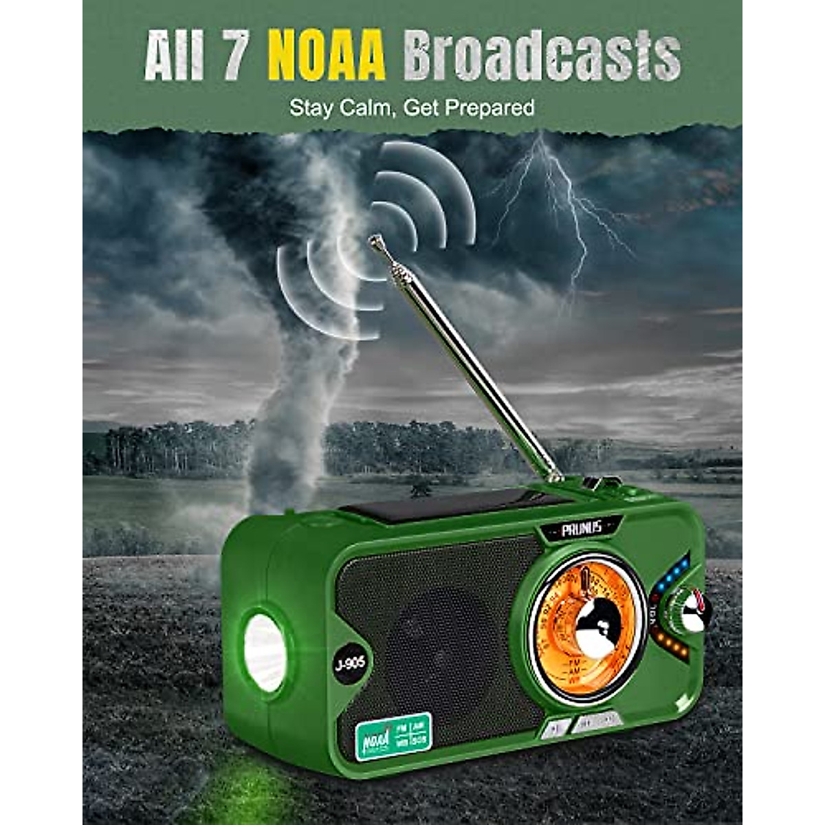 PRUNUS 3600mAh Emergency Radio Hand Crank/Solar/USB Charging, Bluetooth Speaker, Flashlight,Phone Charger,SOS Alarm, Power Bank, MP3,7 NOAA Weather Radio, Portable Radio Transistor AM FM