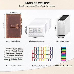 Leather Binder Budget with Cash Envelopes, Handmade Leather A6 Binder for Money Saving Planner, Cash Envelopes for Budgeting, Money Organizer for Cash - Brown
