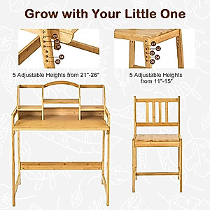 UNICOO - Bamboo Height Adjustable Kids Desk and Chair Set, Children Desk, Kids Study Table and Chair Set (Nature 01)