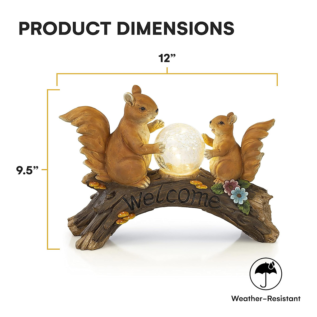 VP Home Enchanted Welcome Squirrels Solar Powered LED Outdoor Decor Garden Light with Crackled Glass Globe Welcome Squirrel Statues Outdoor Bird Decor Figurine Decor for Outside Patio, Yard, Lawn