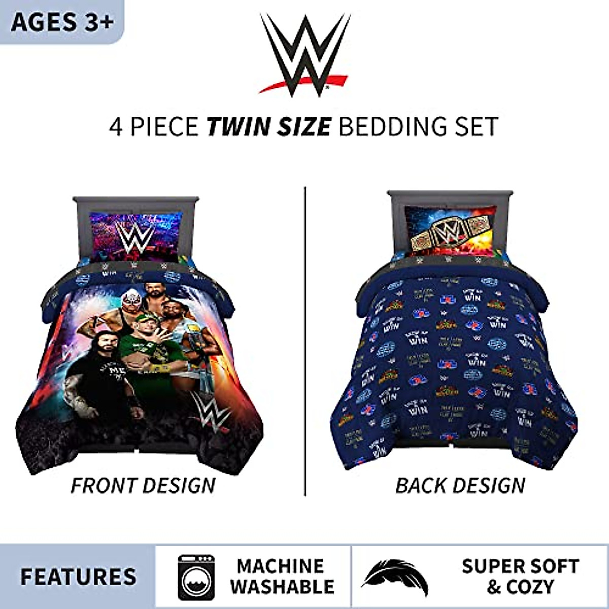 Franco Kids Bedding Super Soft Comforter and Sheet Set, 4 Piece Twin Size, WWE