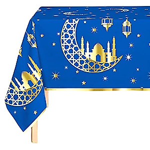 Oojami 3pk Ramadan Eid Mubarak Table Cover Includes 1 Crescent and Star Banner, Ideal for Ramadan and Eid (Blue)