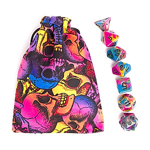 Rollooo Rainbow Skull DND Dice Set with Matching Velvet Drawstring Bag for Dungeons and Dragons Role Playing Table Game