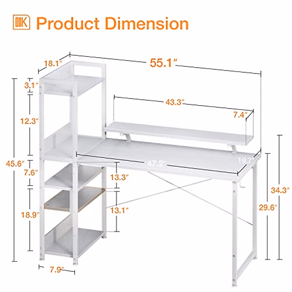 ODK Computer Desk with Storage Shelves and Monitor Stand, 55 Inch Writing Desk with Bookshelf, Reversible Study Table for Home Office, Small Space Bedroom, White