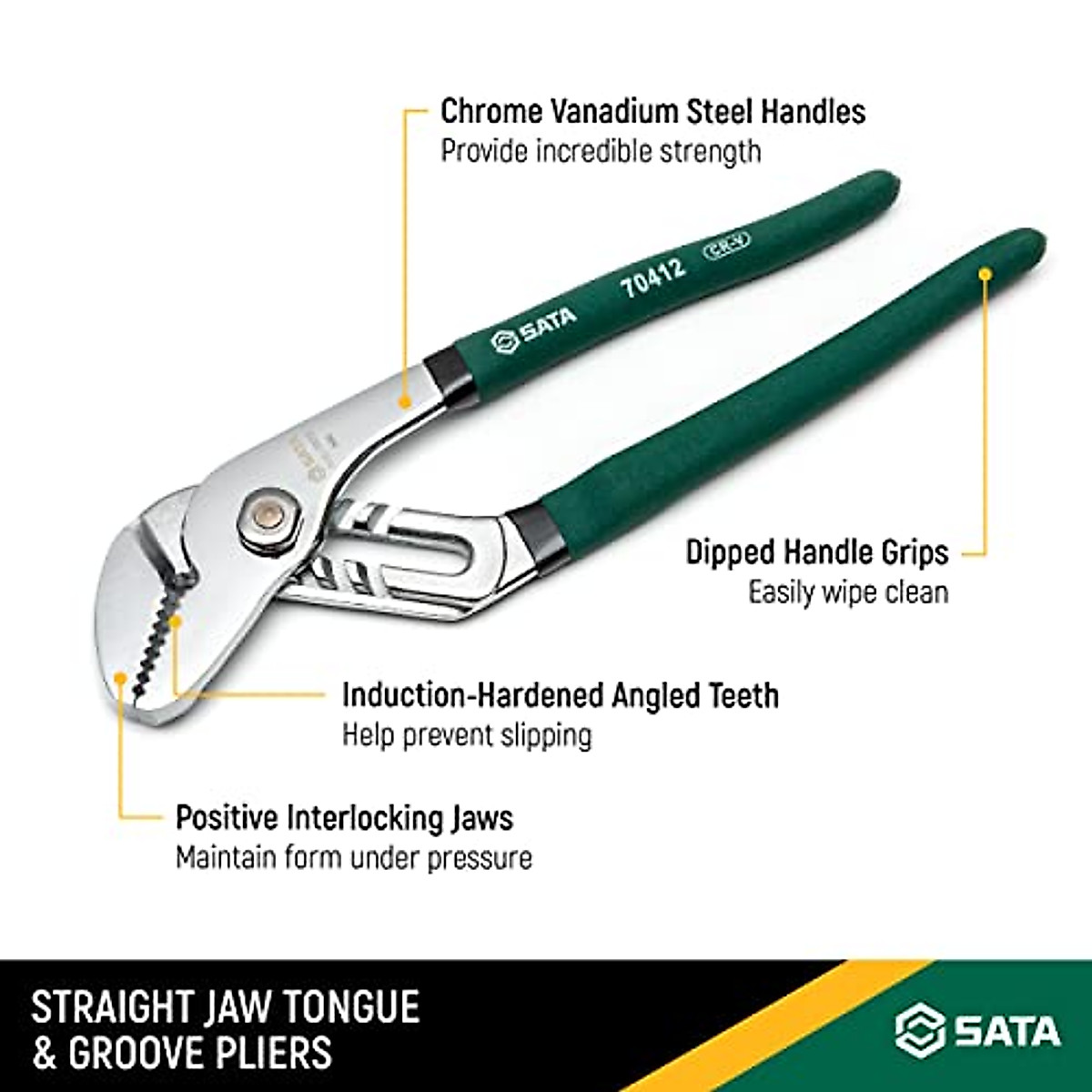 SATA 10-Inch Tongue-and-Groove Pliers, Straight Jaw Design, with Chrome Vanadium Steel Construction and Green Dipped Handles - ST70412ST
