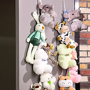 Yalikop 2 Pieces Stuffed Animals Storage Chain Toy Chain Organizer with 40 Pieces Plastic Clips, 2 Pieces Ceiling Hook and Door Hook for Hanging Plush Toys Hats Socks Holiday Cards