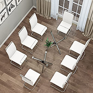 Baysitone 71inch Glass Dining Table Set for 8, Kitchen Table Set with Upholstered PU Leather Dining Chairs, Modern Tempered Glass Dinner Table Set with 8 Metal Frame Chairs, White