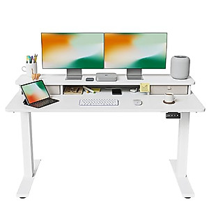 FEZIBO 55 x 24 Inch Height Adjustable Electric Standing Desk with Double Drawer, Stand Up Desk with Storage Shelf, Sit Stand Desk, White