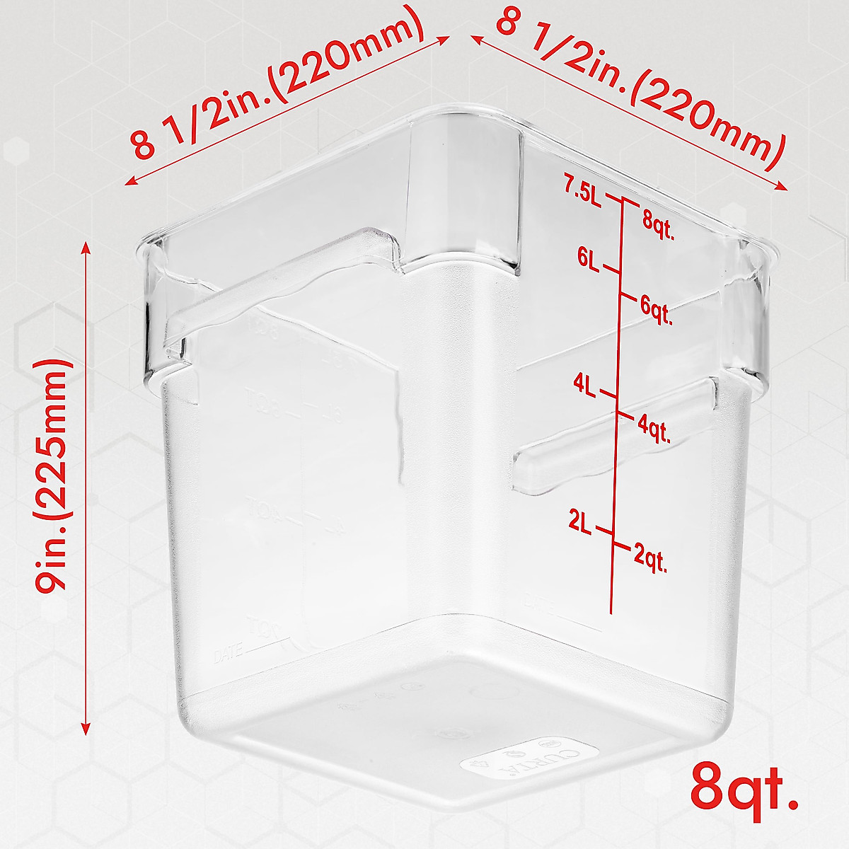 CURTA 4 Pack Food Storage Container with Red Lid - NSF Listed Commercial Grade in 8.0 Qt - Square, Clear, Polycarbonate