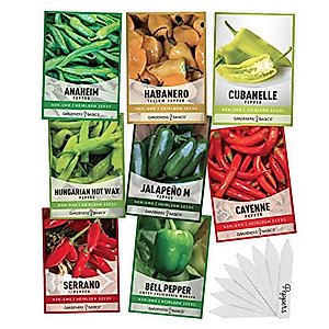 Pepper Seeds for Planting 8 Varieties Pack, Jalapeno, Habanero, Bell Pepper, Cayenne, Hungarian Hot Wax, Anaheim, Serrano, Cubanelle Heirloom Seeds for Planting in Garden Non GMO Gardeners Basics