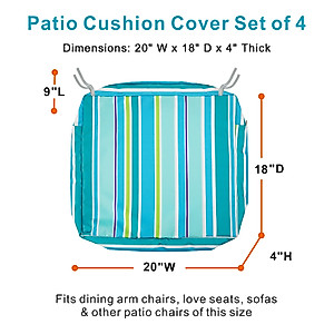 NettyPro Outdoor Cushion Slipcovers Waterproof 20 x 18 inch Patio Furniture Chair Seat Cushion Covers with Zipper and Tie, Replacement Cover Only, Stripes Turquoise
