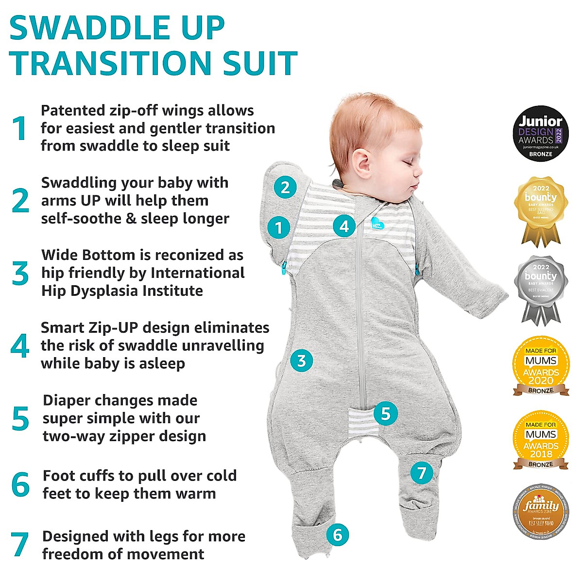 Love to Dream Swaddle UP Transition Suit Extra Warm 3.5 TOG, Grey, Large, 19-24 lbs, Patented Zip-Off Wings & Self-Soothing Wings, Gently Help Baby Safely Transition from Being Swaddled to Arms Free