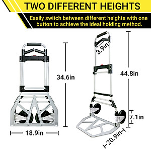 FUVLFAL 350LBS Folding Hand Truck Dolly Cart, Aluminum Portable Cart Heavy Duty Utility Dolly Trolley with Swivel Handle, Telescoping Handle, Elastic Cord, 7-inch Big Wheels for Home, Shopping, Office