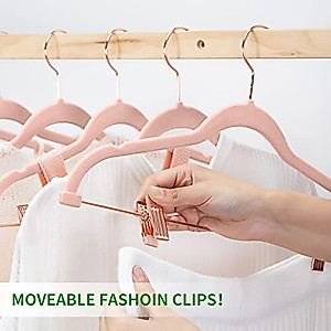 FSUTEG Velvet Pants Hangers, 24pack-16.7 Inch Coat Hangers with Rose Gold Colored Movable Clips, Heavy-Duty, Non-Slip, Space-Saving Blush Pink Skirt Hangers