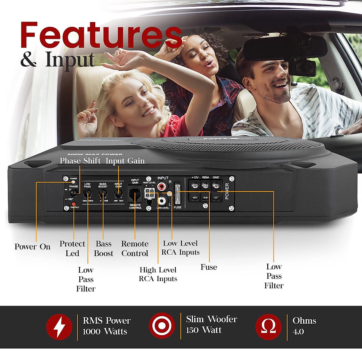 Pyle 10-Inch Low-Profile Amplified Subwoofer System - 900 Watt Compact Enclosed Active Underseat Car Audio Subwoofer with Built-in Amp, Powered Car Subwoofer w/Low & High-Level Inputs - PLBX10A
