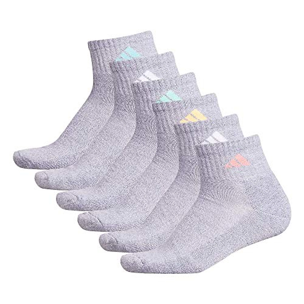 adidas Women's Athletic Cushioned 6-Pack Quarter, Grey/Bliss Pop/Clear Mint, M
