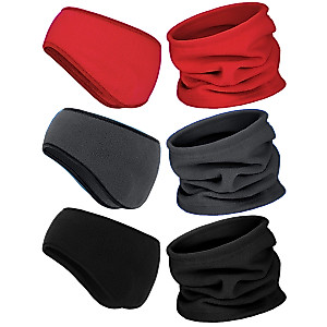 6 Pieces Fleece Ear Warmers Headband Winter Neck Gaiter (Red, Grey, Black)