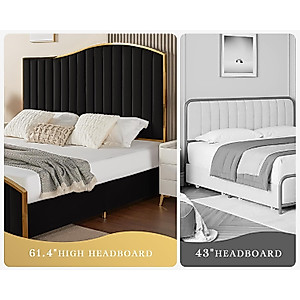 AMERLIFE Queen Size Bed Frame, 61.4" High Headboard Platform Bed Velvet Upholstered with Gold Trim & Footboard/Wooden Slats/No Box Spring Required/Black