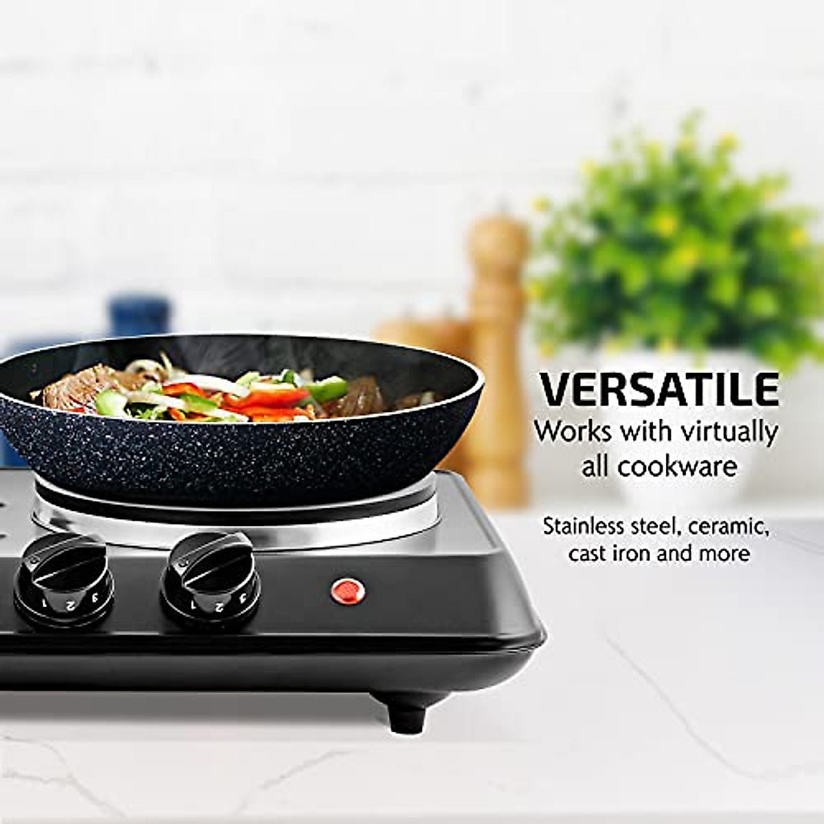 Ovente Electric Countertop Double Burner, 1700W Cooktop with 7.25 and 6.10 Inch Cast Iron Hot Plates and Temperature Control, Portable Cooking Stove, Easy to Clean Stainless Steel Base, Black BGS102B