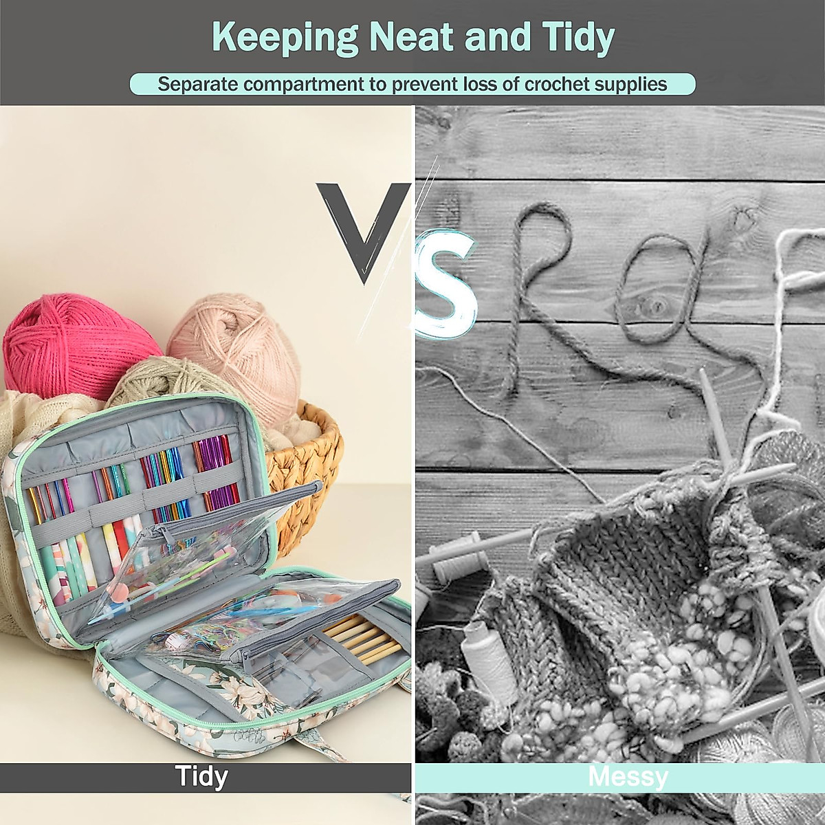 Katech Crochet Hooks Bag Portable Travel Storage Cases Organizer Empty Zipper Bags Knitting Needles Case with Knitting Needles Slots, Crochet Hooks Slots and Transparent Zipper Pockets