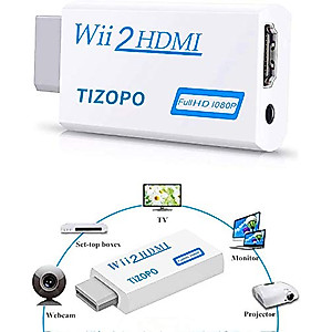 TIZOPO Wii to HDMI Converter,Wii HDMI Adapter Output Video Audio HDMI Converter 1080P，with 3,5mm Audio Jack&HDMI Output Compatible with Wii, Wii U, HDTV, Supports All Wii Display Modes 720P, NTSC