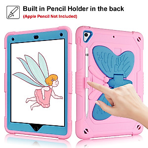 VOFUOE for iPad 6th/5th Generation Case with Screen Protector for iPad 9.7 Case 2018 2017 Butterfly Stand Strap Dolls Pencil Holder Kids Girls Hard Cover for iPad Pro for iPad Air 2th 9.7''-Pink Blue