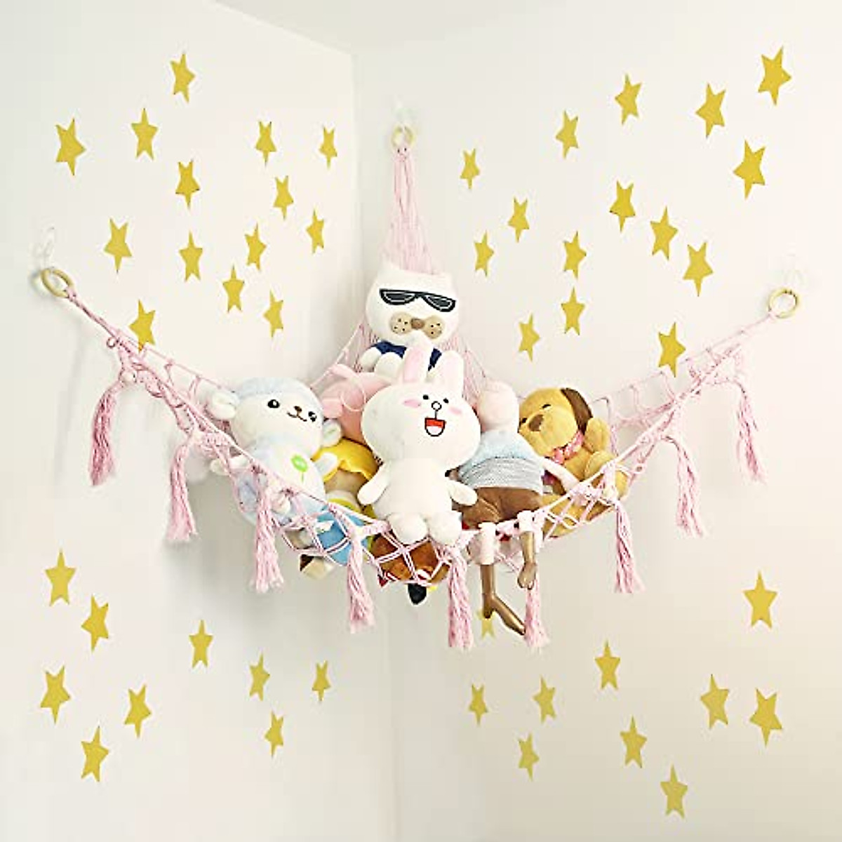 Stuffed Animal Toy Hammock Corner Hammock Organizer Display Rack Bohemian Net Bag For Hanging Toys Hanging Stuffed Animal Organizer Corner Toy Storage Rack Stuffed Animal Net Tassel 44 In (Pink)