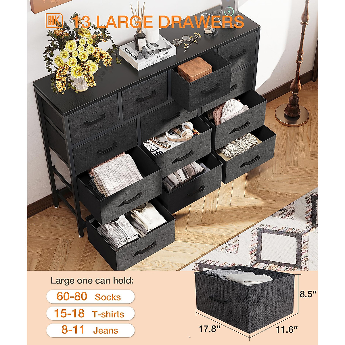 ODK Dresser with Charging Station, 57-Inch Long Dresser for Bedroom, Large Dresser TV Stand with 13 Storage Drawers, Fabric Dresser Chest of Drawers, Black
