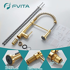 FVITA Polished Gold Kitchen Faucet with Pull Down Sprayer,Lead-Free Solid Brass 16.1'' Kitchen Sink Faucet Single Handle Spring Swan Neck Faucet High Arc Single Hole Faucet for Kitchen Sink