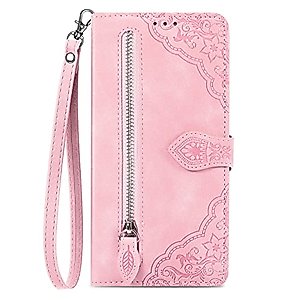 HUANGTAOLI PU Leather Handbag Cover Case for Oppo Reno4 Z 5G, Magnet Closure Zipper Wallet Case for Oppo Reno4 Z 5G Pink