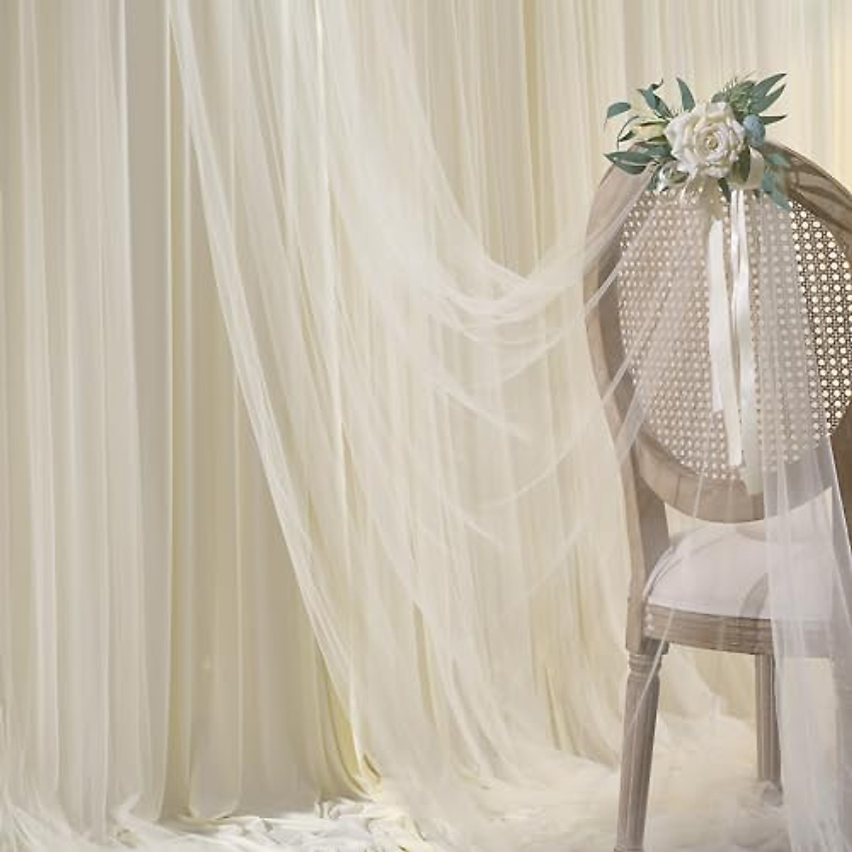 5ft x 10ft Dual Layer Ivory Tulle Backdrop Curtain Panels with Light, 1 Panel 5 x 10 ft Photo Background Drapes for Wedding Baby Shower Party Engagement Bridal Shower Photography