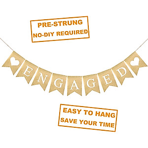FAKTEEN Engaged Banner Burlap Bunting Garland with Love Hearts for Bridal Shower Bunting Rustic Wedding Engagement Party Decorations