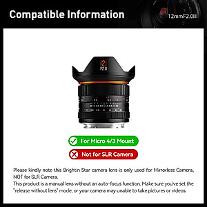 Brightin Star 12mm F2 Manual Focus Prime Lens for Panasonic Olympus Micro 4/3 Mirrorless Cameras, MFT APS-C Ultra-Wide Angle Large Aperture, Fit for LUMIX G7, G7KS, GX85, GX9, G95, GH5, GH6, G100, G9