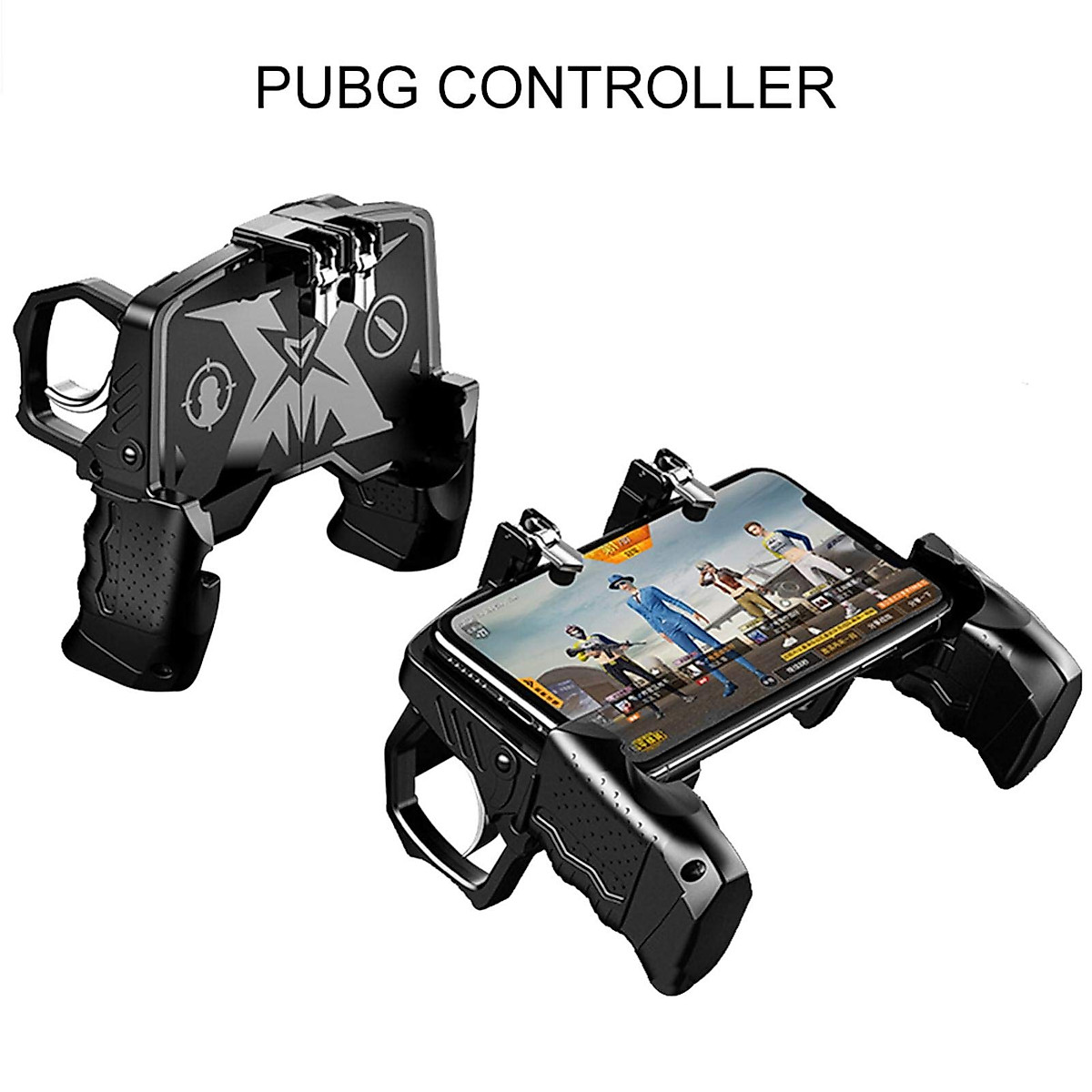 maojin K21 PUGB Helper 4 Finger Linkage Game Handle, Peace Elite Fast Shooting Button Controller for PUBG Rules of Survival Game Trigger Joystick Gamepad for Phone