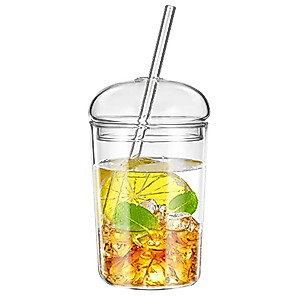 UPKOCH 2 Pcs Glass Cups with Lids and Straws Coffee Tumblers Heat Resistant Milk Cup Clear Drinking Glasses for Bubble Tea Smoothie Coke Soda Home Office Bar