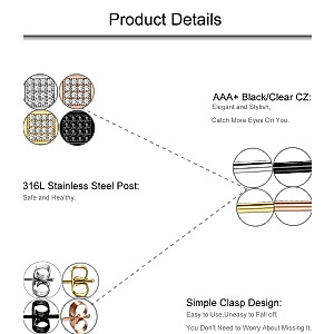 FIBO STEEL 4 Pairs Stainless Steel Stud Earrings for Men Women Square CZ Earrings,8MM