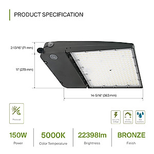 ASD LED Parking Lot Light Fixture | 150W 22400LM 5000K 100-277V IP66 | Dimmable, Photocell, Waterproof, DLC, UL Listed | Dusk to Dawn Outdoor Lamp, Shoebox Area Lighting | Bronze