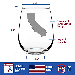 California State Outline - Stemless Wine Glass - State Themed Drinking Decor and Gifts for Californians - Large 17 Ounce