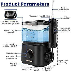 Dental Water Flosser Teeth Cleaner - Zerhunt High Frequency Pulsed Water Flosser Electric Oral Irrigator with 5 Interchangeable Nozzles for Braces, Implants, Bridges, 600ML Large Capacity Black