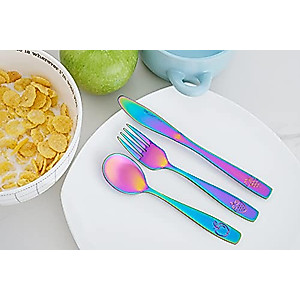 12 Piece Stainless Steel Kids Silverware Set - Child and Toddler Safe Flatware - Kids Utensil Set - Metal Kids Cutlery Set Includes 4 Small Kids Spoons, 4 Forks & 4 Knives - UV Rainbow