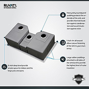 Ruvati 35" Triple Bowl Undermount 16 Gauge Stainless Steel Kitchen Sink - RVH8500