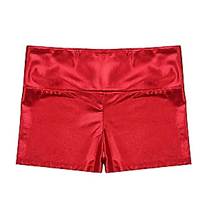 ACSUSS Kids Girls Shiny Metallic High Waist Shorts Gymnastics Ballet Dance Yoga Sports Shorts Hot Pants Dancewear Red 10