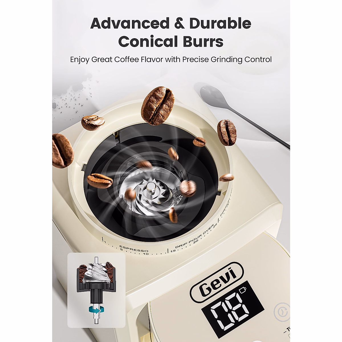 Gevi Electric Burr Coffee Grinder with 35 Grind Settings for Espresso, Drip, French Press - 120V
