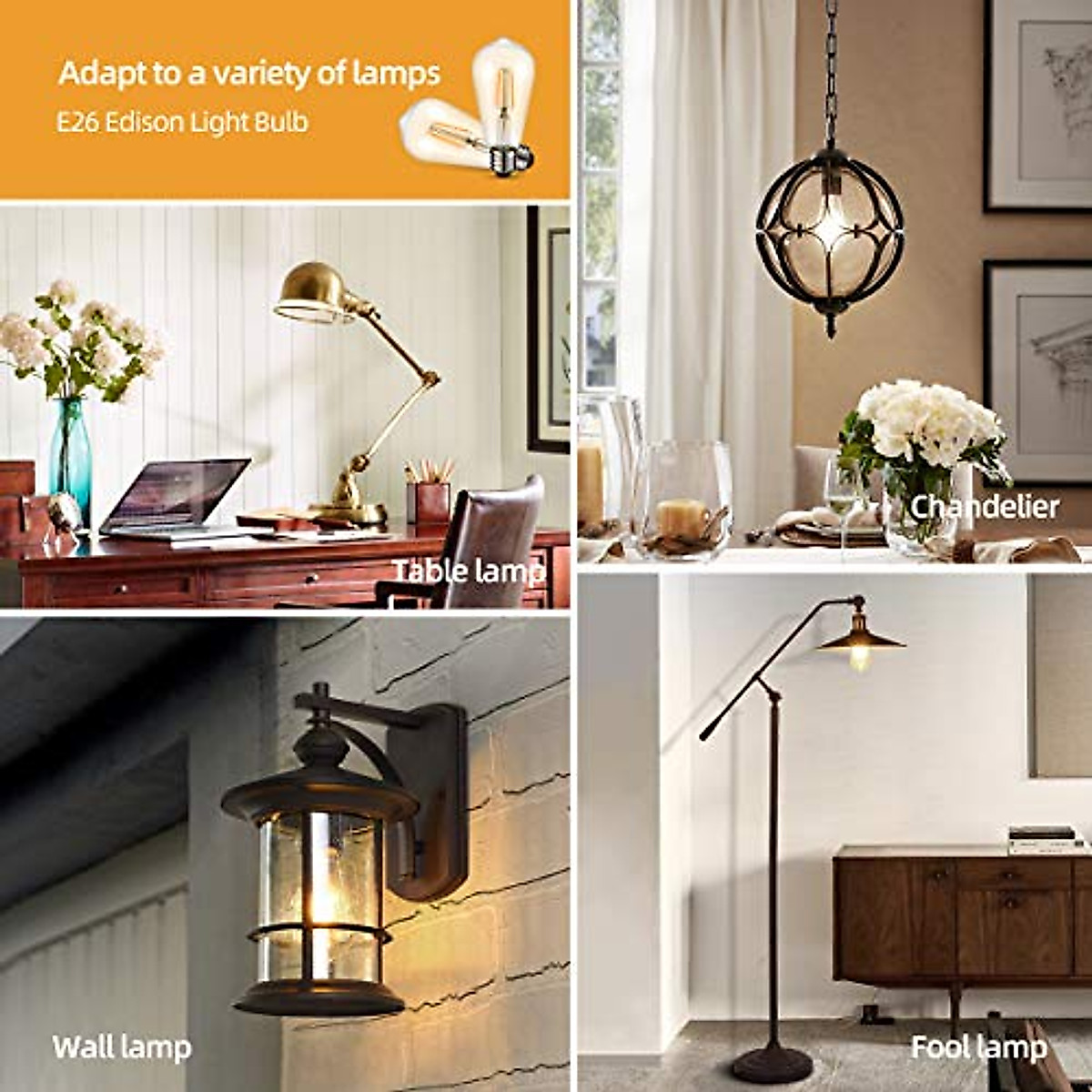 HESSION Vintage Edison LED Bulb, 6-Pack ST58 E26 Base 40 Watt Equivalent, Warm White 2200K-2700K, Antique Vintage Style Light, Squirrel Cage Filament Edison Light Bulbs Amber Glass, Dimmable