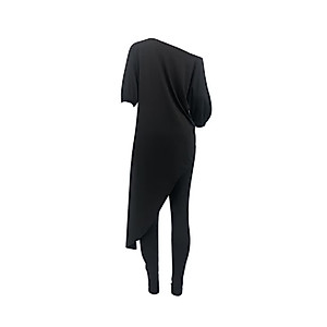 GLIENST Two Piece Outfit for Women Gradient Irregular Off Shoulder Long Shirts Skinny Pant Solid Causal Lounge Sets Black S