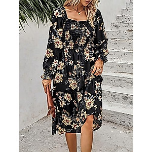 PRETTYGARDEN Women's Long Sleeve Midi Dresses 2023 Square Neck Floral Aline Boho Fall Casual Smocked Dress