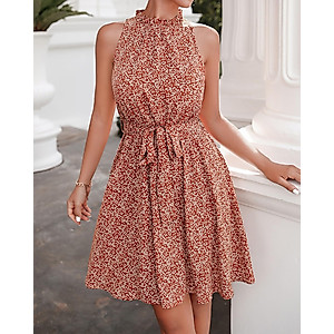 BTFBM Women 2025 Halter Neck Summer Dresses Casual Sleeveless Floral Polka Dot Print Ruffle Mini Boho Beach Sun Dress(Floral Print Red, Medium)