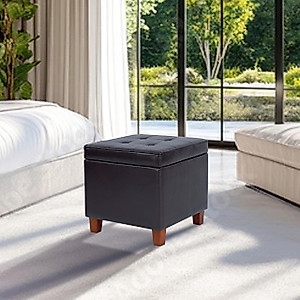 HomePop Leatherette Tufted Square Storage Ottoman with Hinged Lid, Brown
