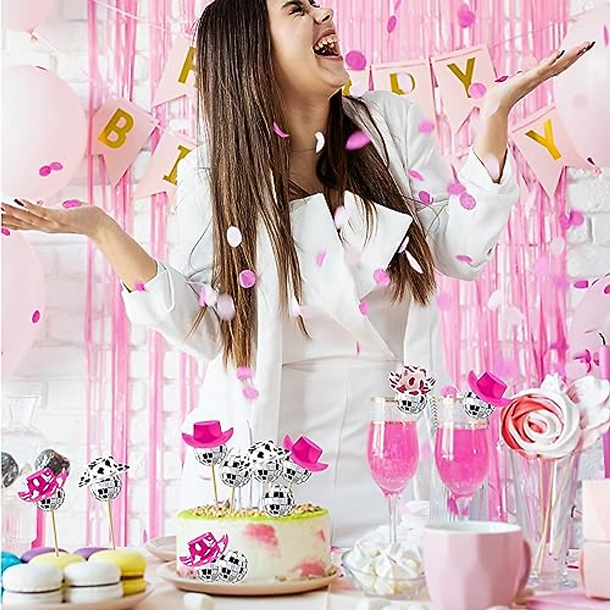 48Pcs Disco Cowgirl Cake Decoration, 24Pcs Disco Ball Cup Toppers 24Pcs Mini Pink Cowgirl Hats Cow Print Cowboy Hats Westen Cowgirl Party Favor Birthday Table Decor